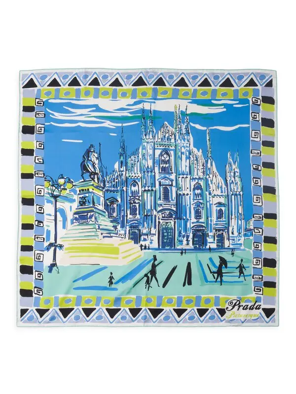 Prada Pittoresque Milan Printed Silk Foulard 90cm Square Scarf - Blue