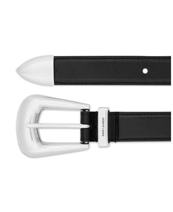 Saint Laurent Folk Buckle Leather Belt - Black/silver