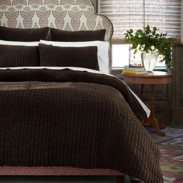 JOHN ROBSHAW Velvet Quilted Coverlet, Queen - Coffee