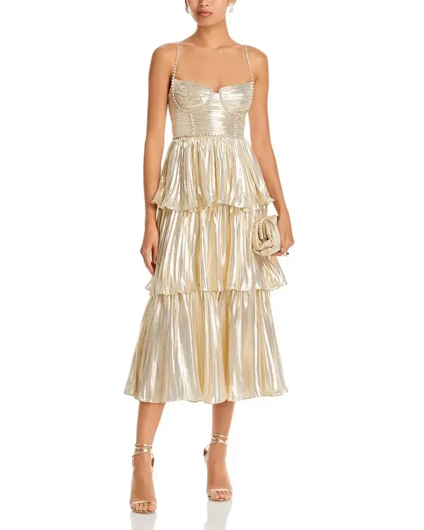 self portrait gold metallic tiered midi dress Mac Duggal 10982 Mini A-Line Party Dress – Mydressline main image 0