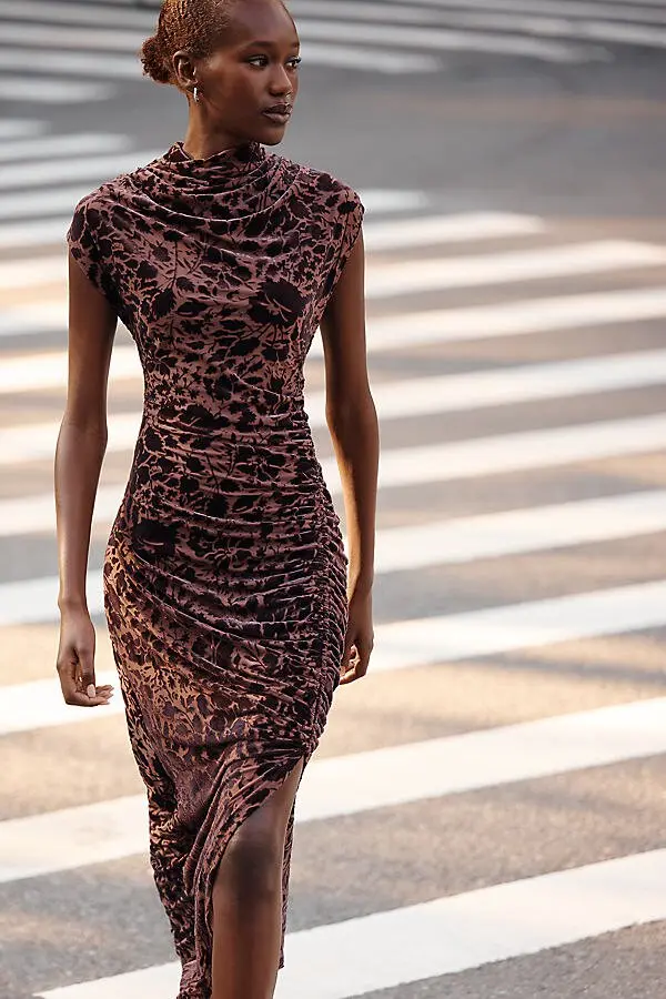 Anthropologie The Maya Stretch Velvet Dress - Brown Pattern