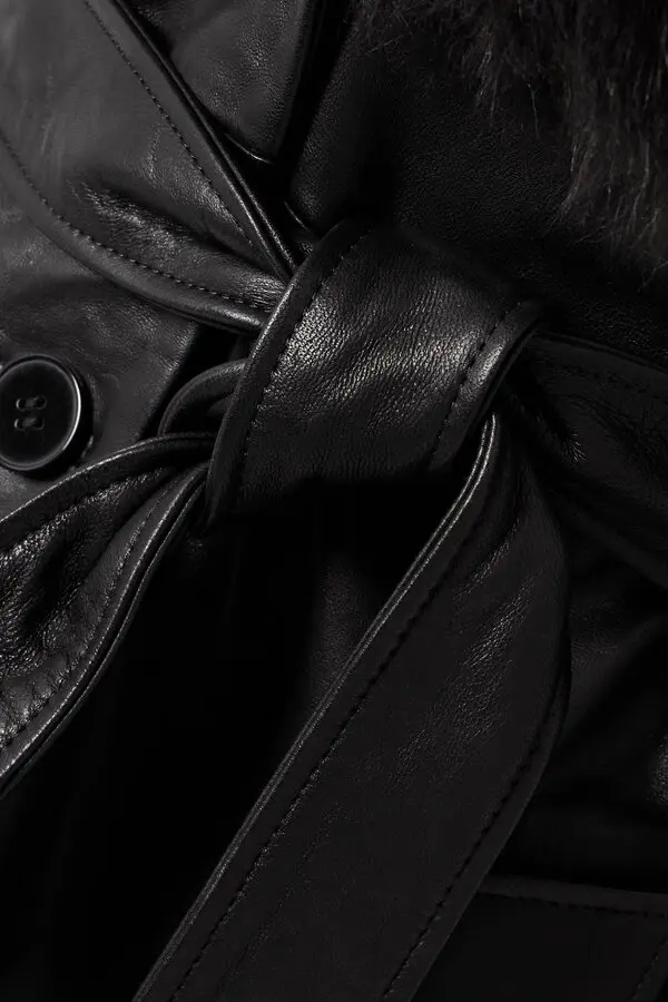 Nour Hammour Dakota Belted Leather Coat With Shearling Trim - Black