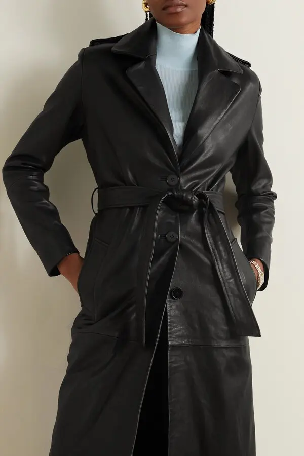 Nour Hammour Dakota Belted Leather Coat With Shearling Trim - Black
