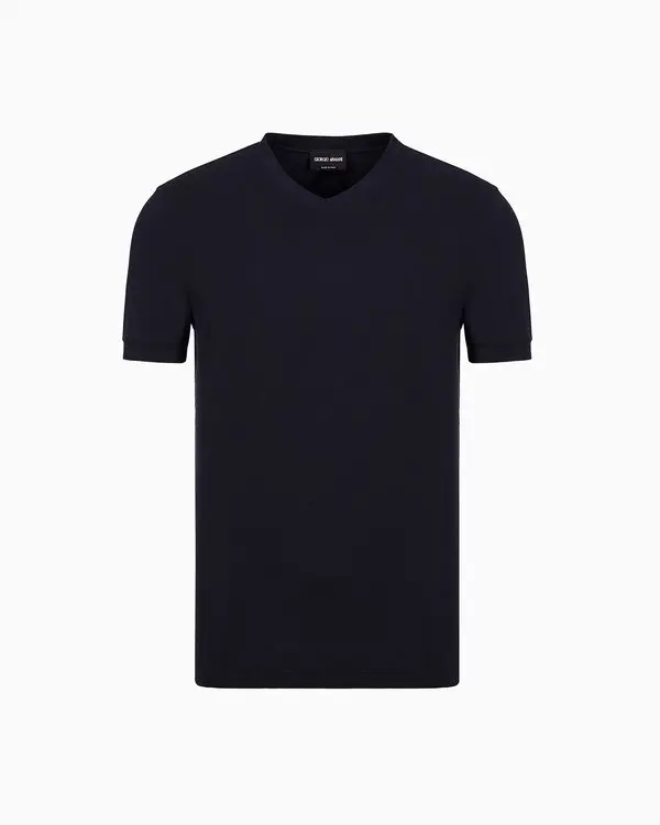 Giorgio Armani V-neck T-shirt Icon In Stretch Viscose Jersey - Navy Blue