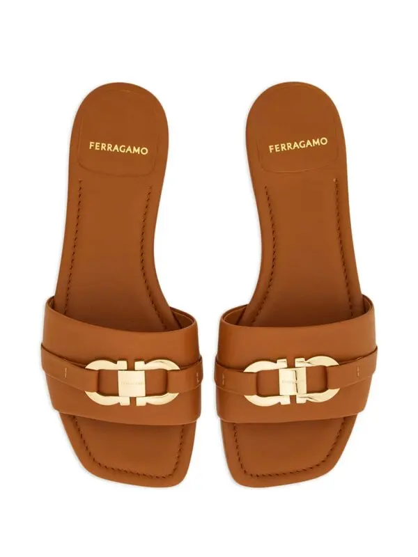 FERRAGAMO Leather Flat Slide With Gancini Ornament - Brown