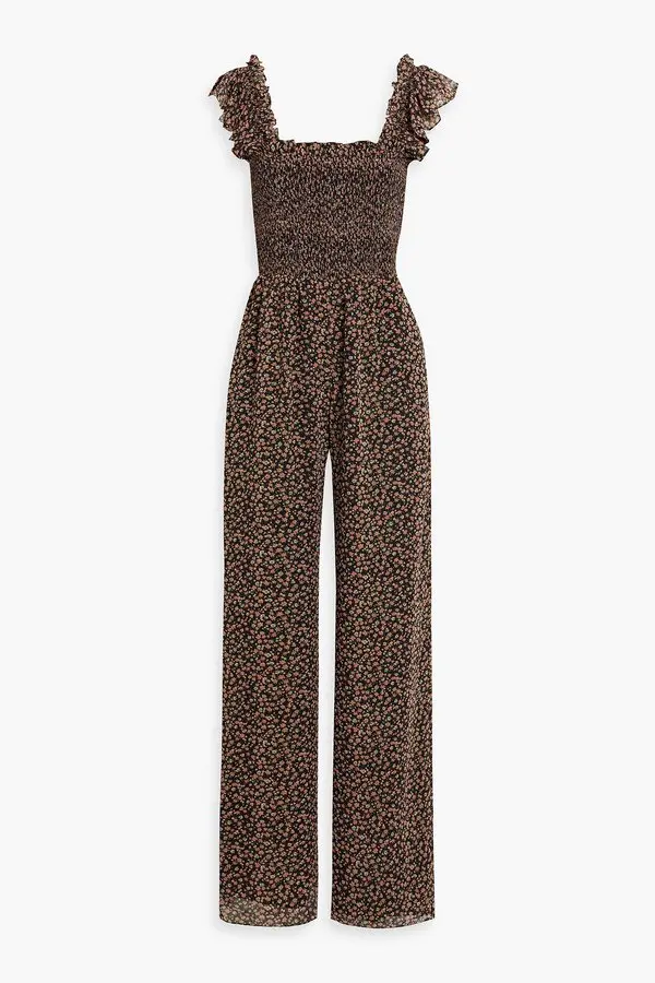 MIKAEL AGHAL Shirred Floral-print Crepe De Chine Jumpsuit - Black