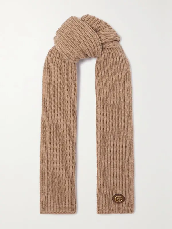 Gucci Ribbed Wool And Cashmere-blend Scarf - Brown