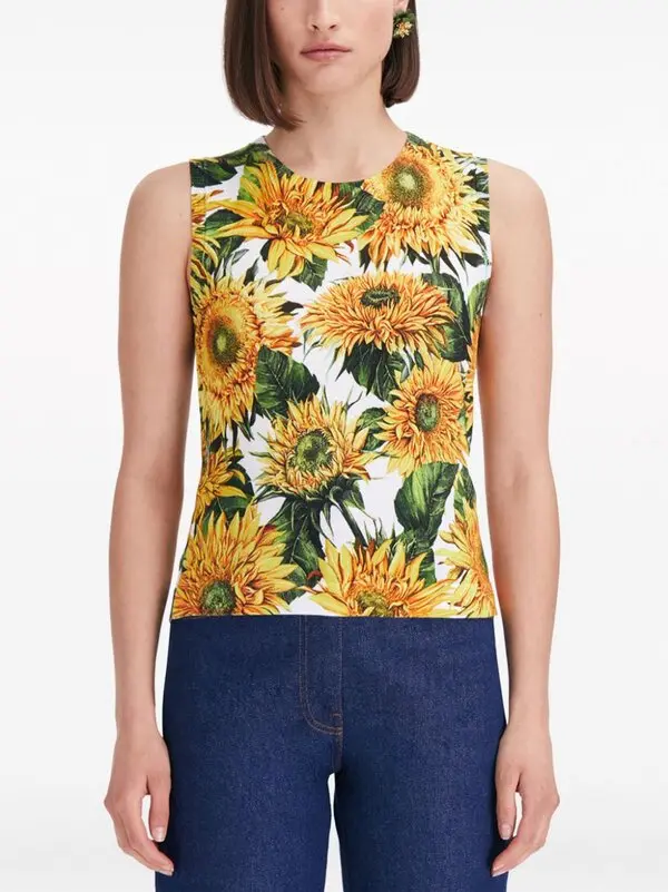 Oscar De La Renta Floral-print Round-neck Tank Top - Yellow