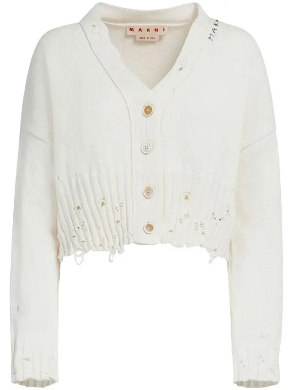 Marni Logo-embroidered Distressed Cardigan - White