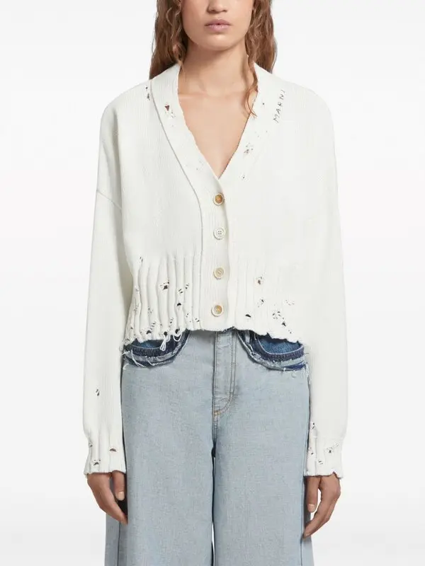 Marni Logo-embroidered Distressed Cardigan - White