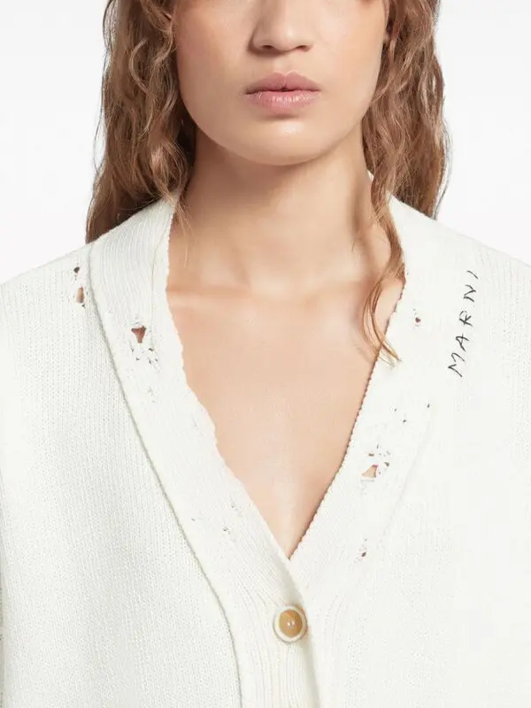 Marni Logo-embroidered Distressed Cardigan - White