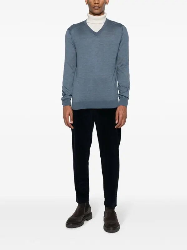 Colombo Fine-knit V-neck Jumper - Blue