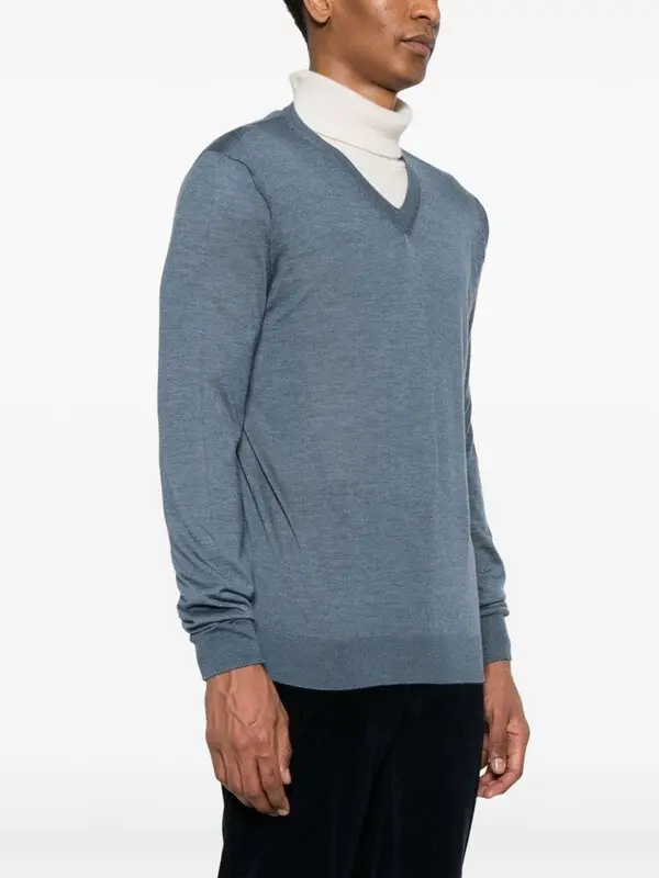 Colombo Fine-knit V-neck Jumper - Blue