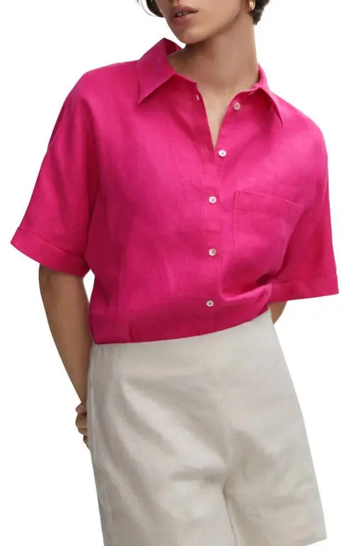 Mango Pocket Linen Short Sleeve Button-up Shirt