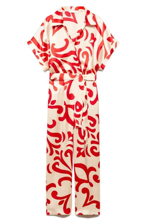 Mango Printed Tie Belt Satin Jumpsuit