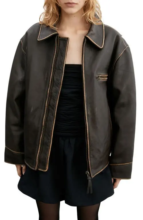 Mango Oversized Distressed Leather Jacket