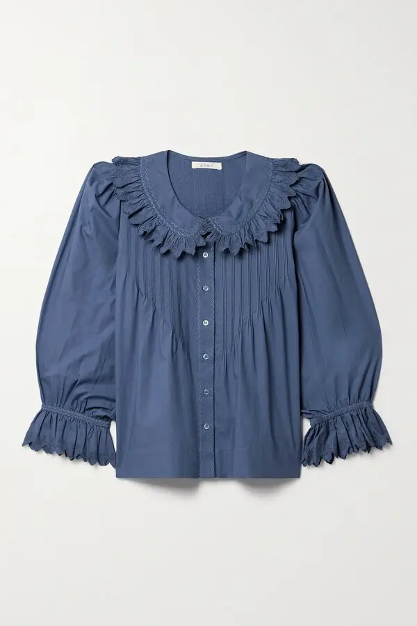 DÔEN Net Sustain Hickory Ruffled Pintucked Embroidered Organic Cotton-poplin Blouse
