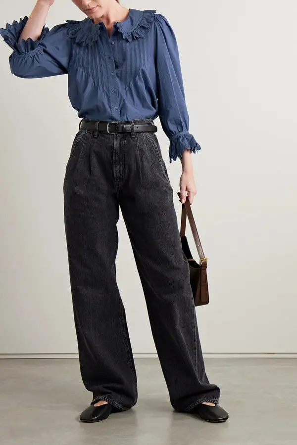 DÔEN Net Sustain Hickory Ruffled Pintucked Embroidered Organic Cotton-poplin Blouse