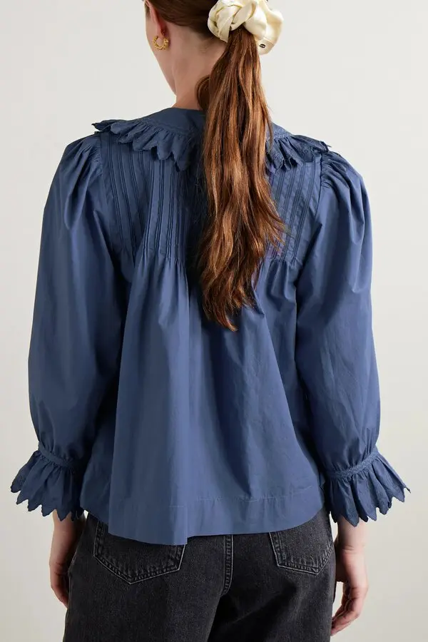 DÔEN Net Sustain Hickory Ruffled Pintucked Embroidered Organic Cotton-poplin Blouse