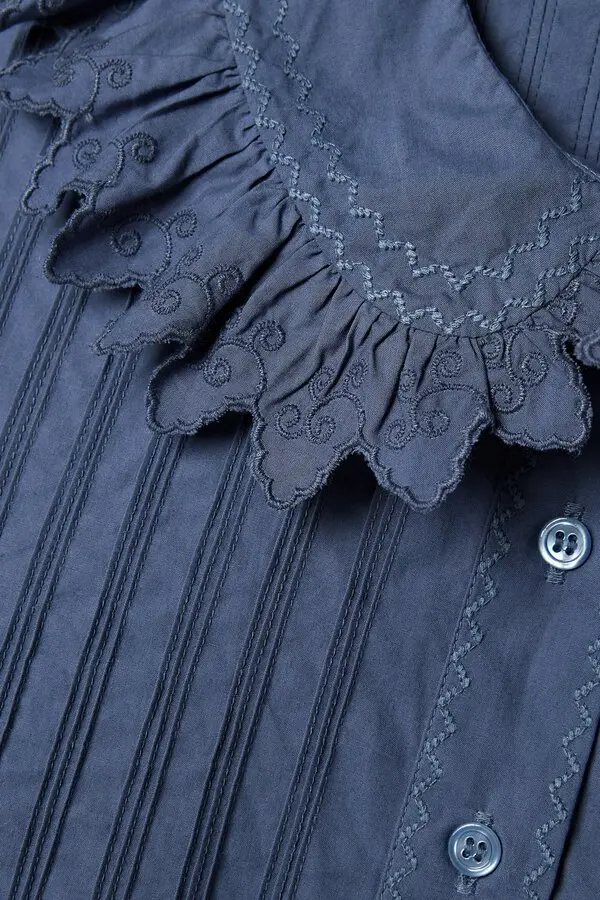 DÔEN Net Sustain Hickory Ruffled Pintucked Embroidered Organic Cotton-poplin Blouse