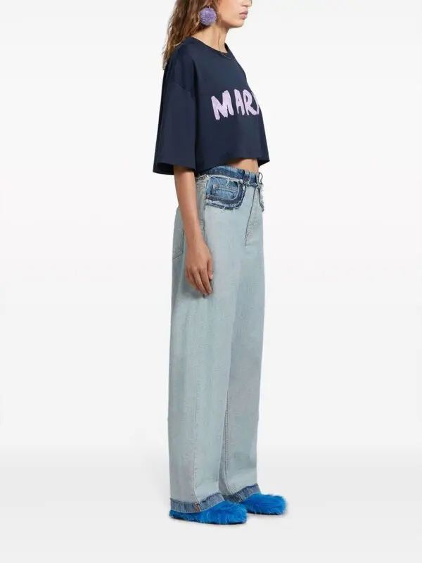 Marni Logo-print Cropped Cotton T-shirt - Blue