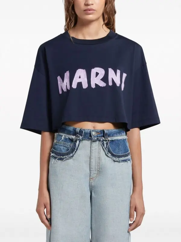 Marni Logo-print Cropped Cotton T-shirt - Blue