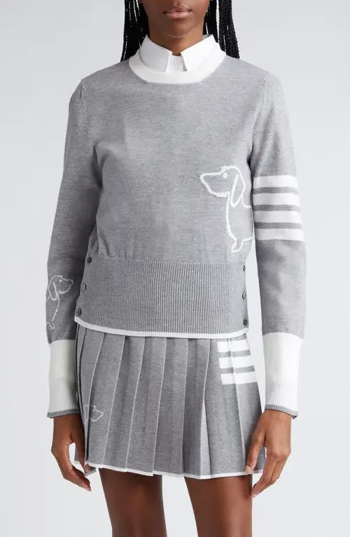 Thom Browne Hector Dog Intarsia 4-bar Virgin Wool Crewneck Sweater - Light Grey