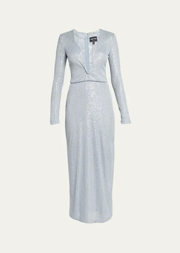 Giorgio Armani Plunging Sequined Knit Sheath Dress