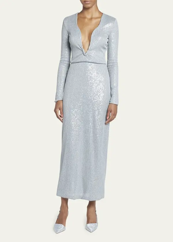 Giorgio Armani Plunging Sequined Knit Sheath Dress