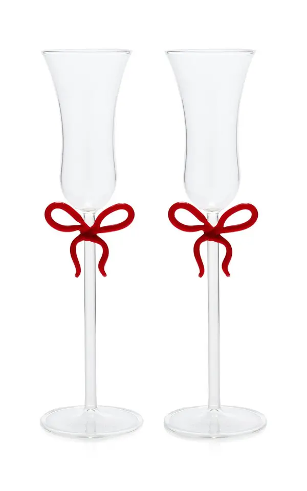 MODA DOMUS Set-of-two Bow-detailed Glass Champagne Flutes - Red