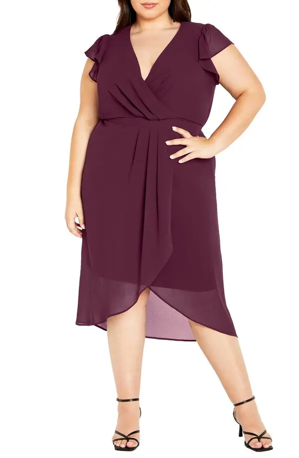 City Chic Faux Wrap Chiffon Midi Dress In Spiced Plum - 30% Off