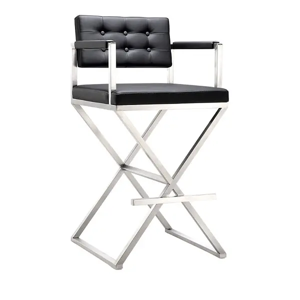 TOV FURNITURE Director Performance Vegan Leather And Stainless Steel Barstool - Black And Sliver