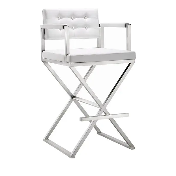 TOV FURNITURE Director Performance Vegan Leather And Stainless Steel Barstool - White And Sliver