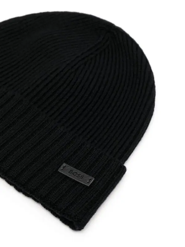 BOSS Logo-patch Virgin Wool Beanie - Black