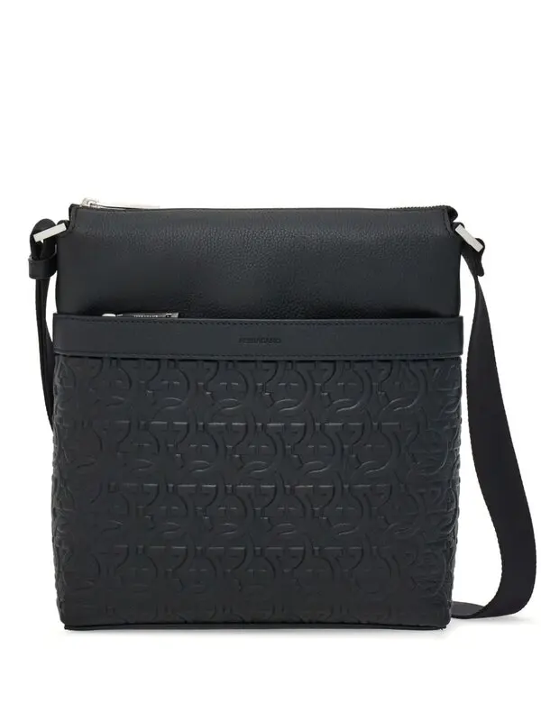 FERRAGAMO Gancini Embossed Leather Messenger Bag - Black