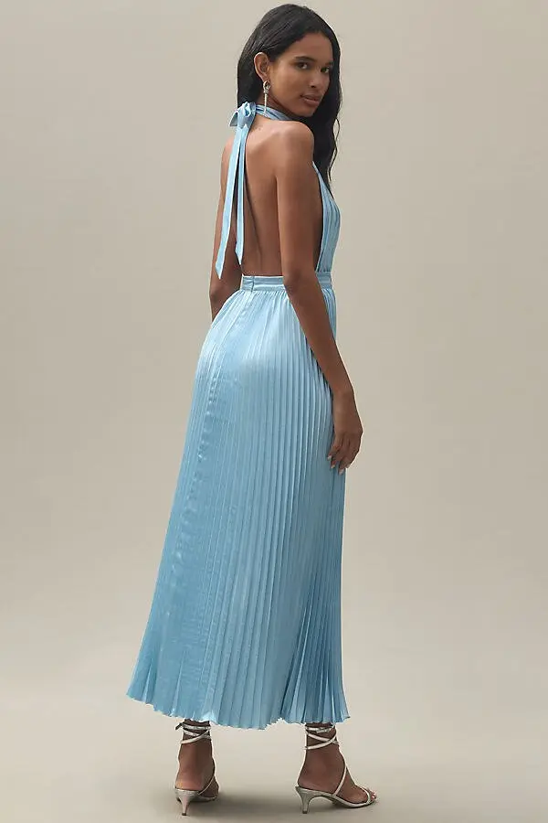 L'idee Renaissance Halter Side-slit Pleated Maxi Dress - Blue