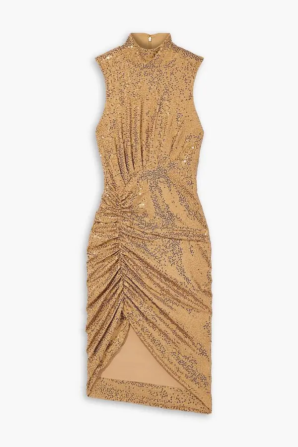 Michael Kors Ruched Sequin Turtleneck Dress In Camel 70% Off