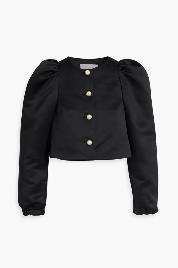 Sleeper Cropped Puffed Sleeve Satin Jacket With Pearl Buttons