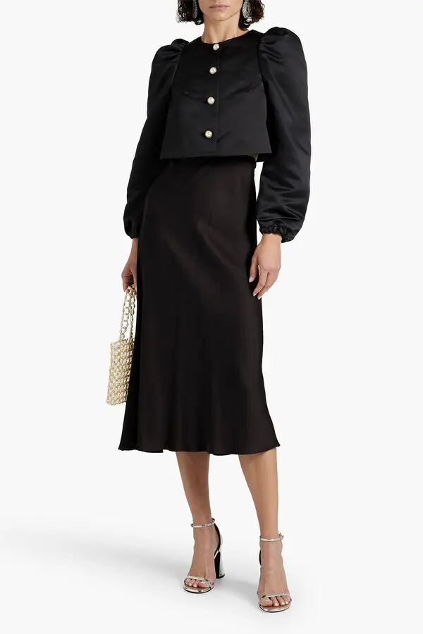 Sleeper Cropped Puffed Sleeve Satin Jacket With Pearl Buttons