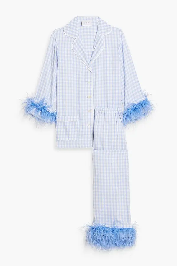 Sleeper Party Checked Featherembellished Twill Pajama Set
