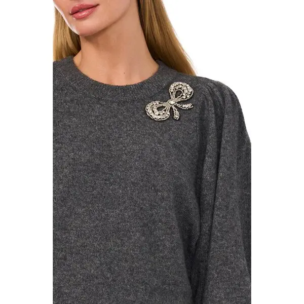CECE DUPRAZ Rhinestone Bow Appliqué Juliet-sleeve Sweater - Medium Heather Grey