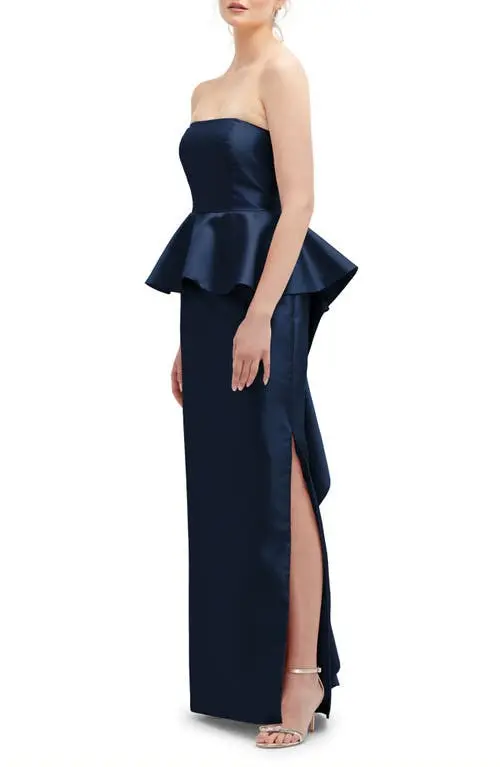 Alfred Sung Strapless Ruffle Peplum Satin Column Gown