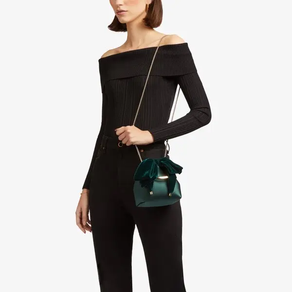 JIMMY CHOO Bon Bon Satin Bucket Bag With Velvet Bow Green