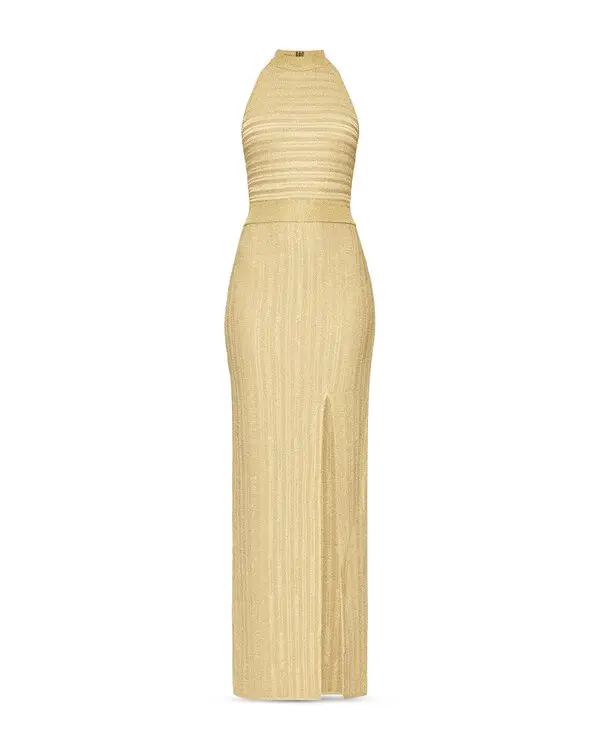 Herve Leger Halter Eyelash Knit Gown - Met Gold