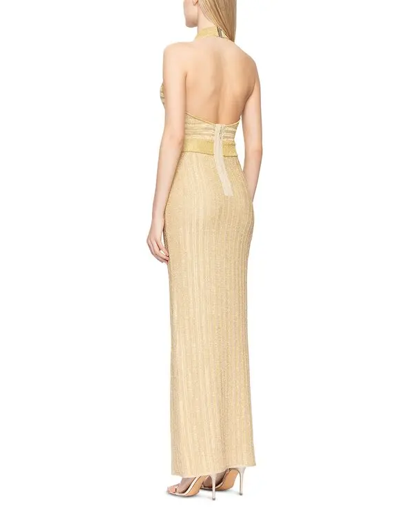 Herve Leger Halter Eyelash Knit Gown - Met Gold