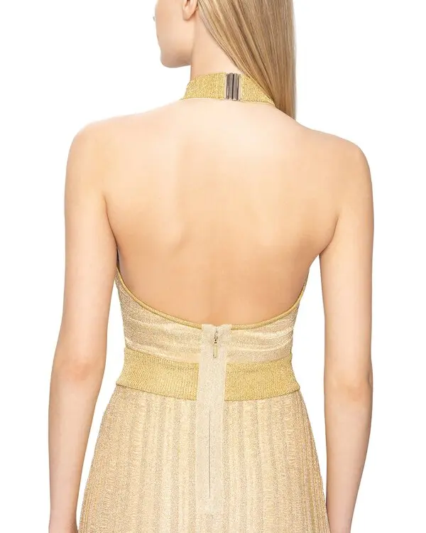 Herve Leger Halter Eyelash Knit Gown - Met Gold