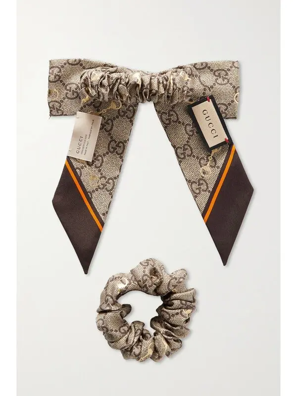 Gucci Gg Printed Silk Hair Tie And Scrunchie Set