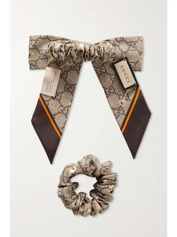 Gucci Gg Printed Silk Hair Tie And Scrunchie Set