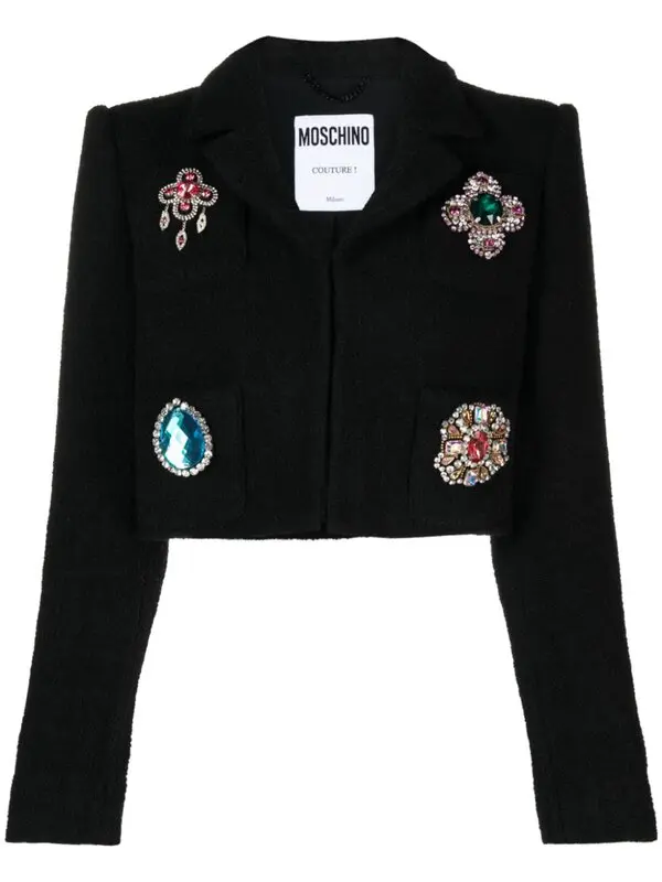 Moschino Crystal-embellished Wool-blend Cropped Jacket - Black