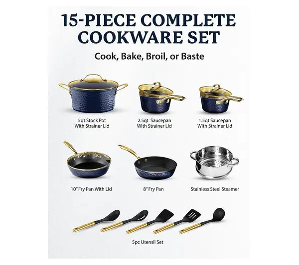 GRANITESTONE Charleston Hammered Navy 15-piece Ookware Set